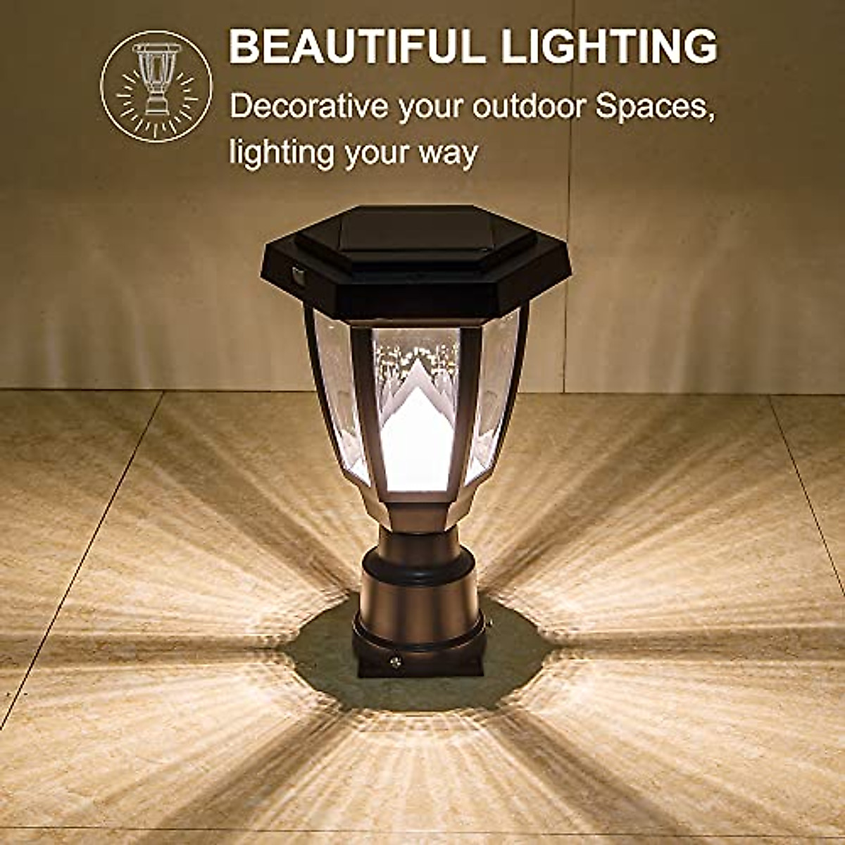 FUDESY LED Outdoor Solar Post Light, Waterproof Fence Post Lights Solar Powered, Plastic Black Solar Deck Post Lights for Garden Mount Landscape Yard Patio Pathway, Warm White, 3000K