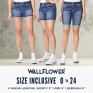 WallFlower Women's Luscious Curvy Denim Mid-Rise Bling Insta Stretch Juniors (Standard and Plus), White Belted Short, 11