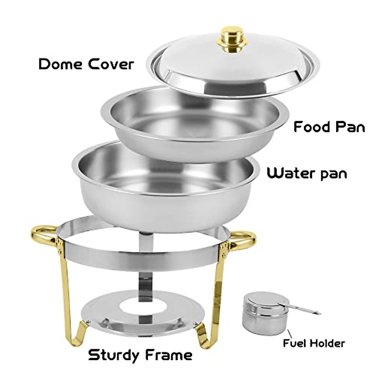 Restlrious Chafing Dish Buffet Set Stainless Steel Round Chafers and Buffet Warmers Sets 5QT 4 Pack, Complete Set for Buffet Catering w/Water Pan, Food Pan, Fuel Holder and Lid in Gold Accent