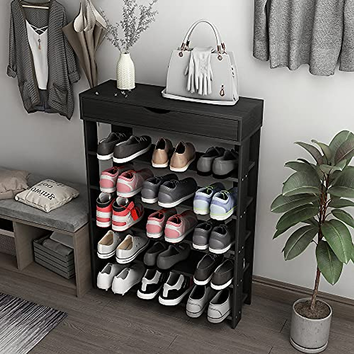 soges 5-Tier Free Standing Shoe Rack, 29.5 inches Wooden Shoe Shelf, Entryway Shoe Organizer Storage Cabinet, Black