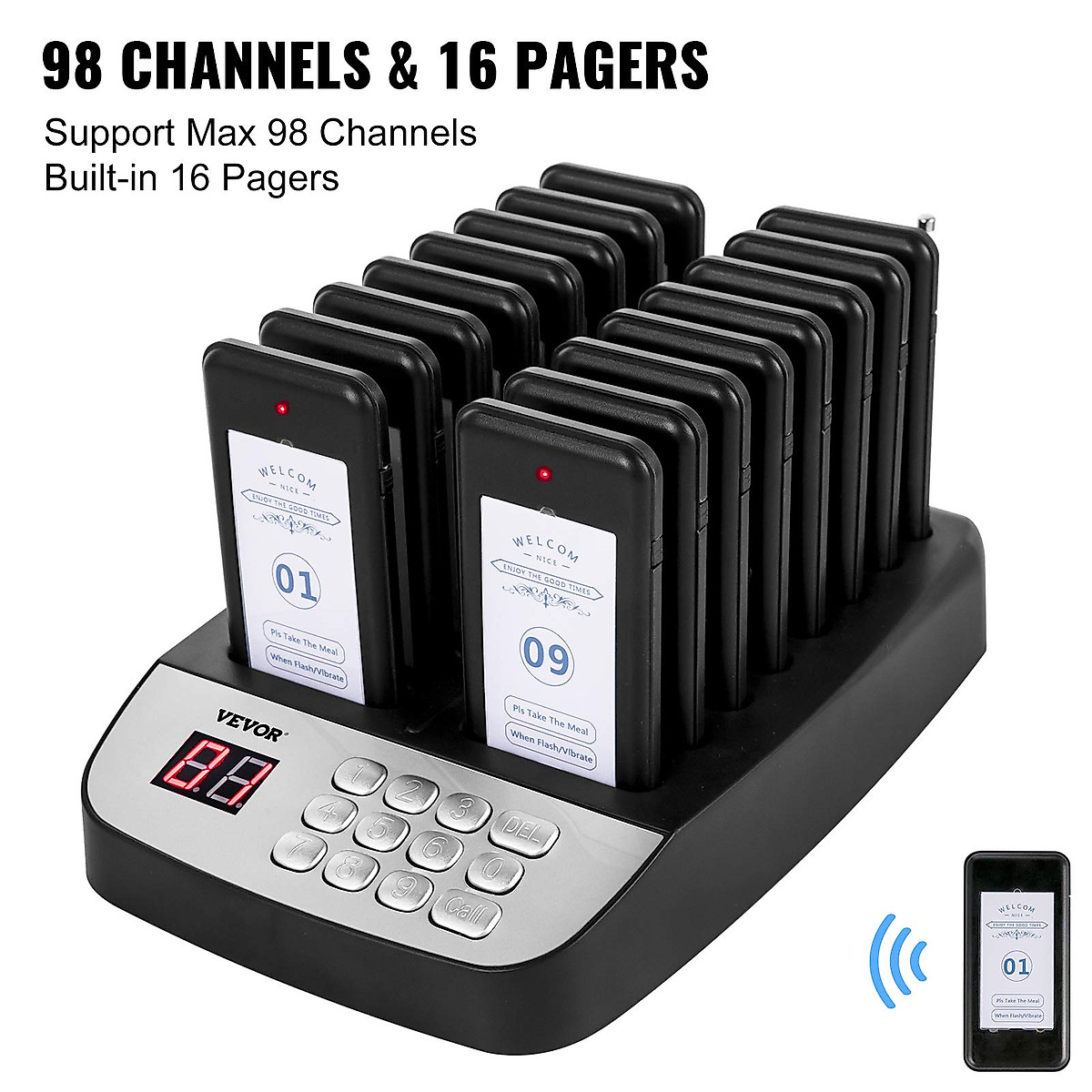 VEVOR F100 Restaurant Pager System 16 Pagers, Max 98 Beepers Wireless Calling System, Set with Vibration, Flashing and Buzzer for Church, Nurse,Hospital & Hotel