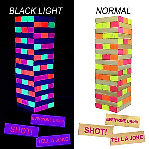 Drinking Games for Adults Party, Black Light Tumble Tower -Glowing Drinking Games Suitable for Day Or Night, 54 Blocks with Hilarious Drinking Commands, Stacking Games for adults party