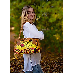 Evi's Bags Women's Hand Painted Genuine Leather Handbag - Shoulder Bag - Hobo, by Evi's Bags. Unique, Large, Handmade Purse - Satchel - Tote. Wearable Art - “Sun & WindIn Bag, Tan, Yellow, Red, Black