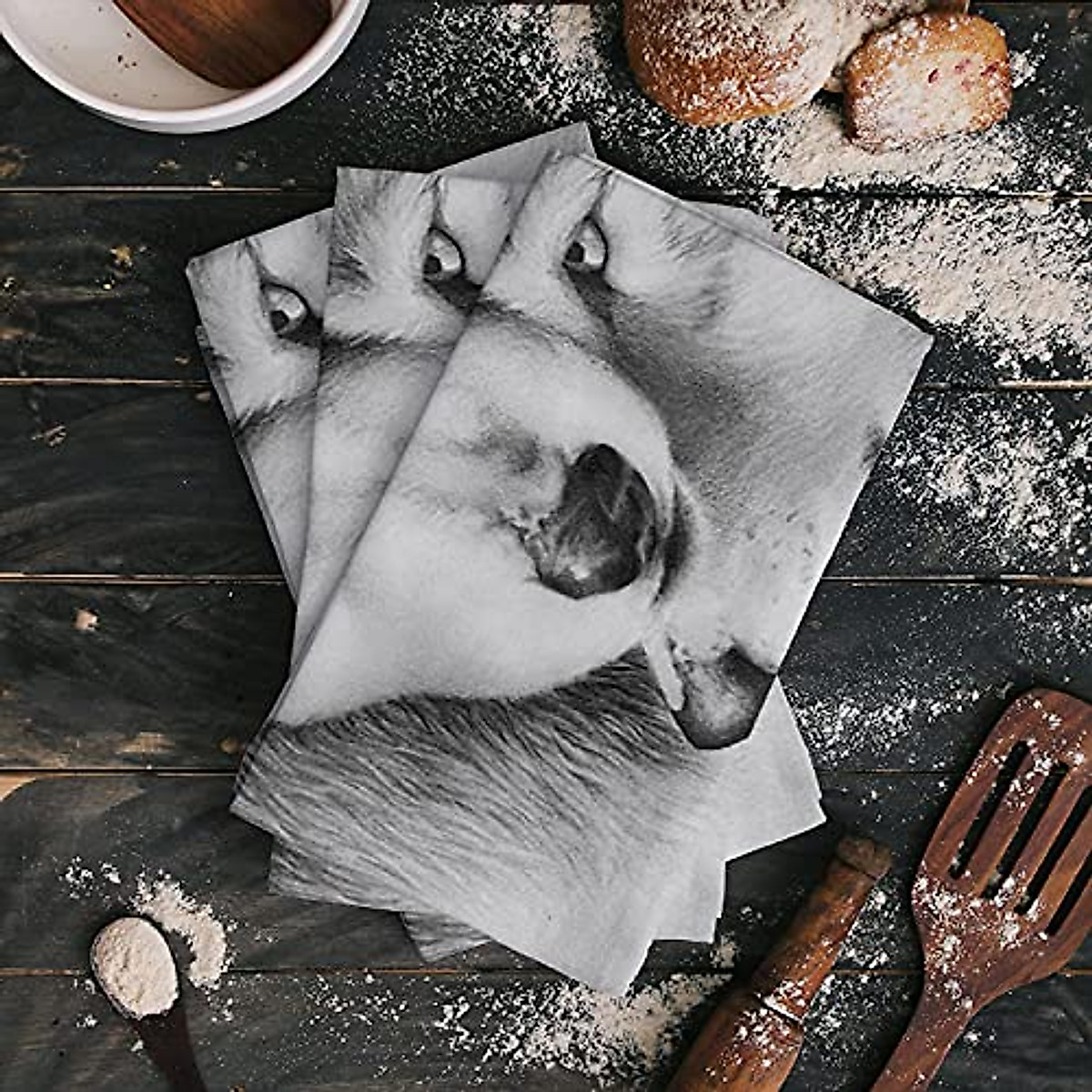 Kitchen Towels Dishcloths Set of 4, Romantic Wolf Couple Loving Animal Beast Black White Minimalist Style Absorbent Dish Towels Dish Cloths for Drying Kitchen Hand Towels Decorative Tea Towels