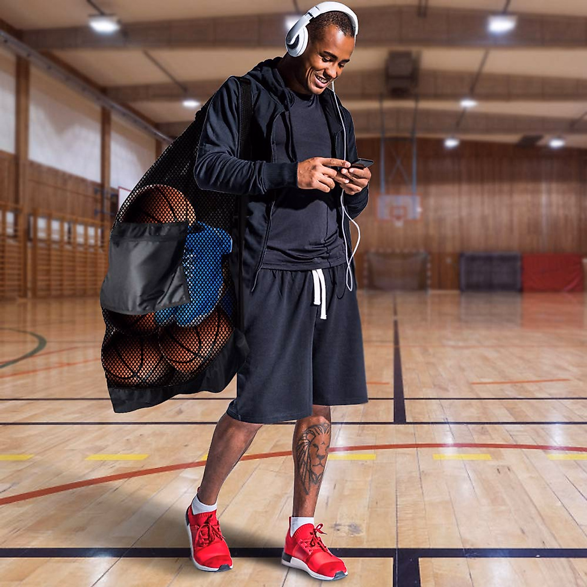 BROTOU Extra Large Sports Ball Bag Mesh Socce Ball Bag Heavy Duty Drawstring Bags Team Work for Holding Basketball, Volleyball, Baseball, Swimming Gear with Shoulder Strap