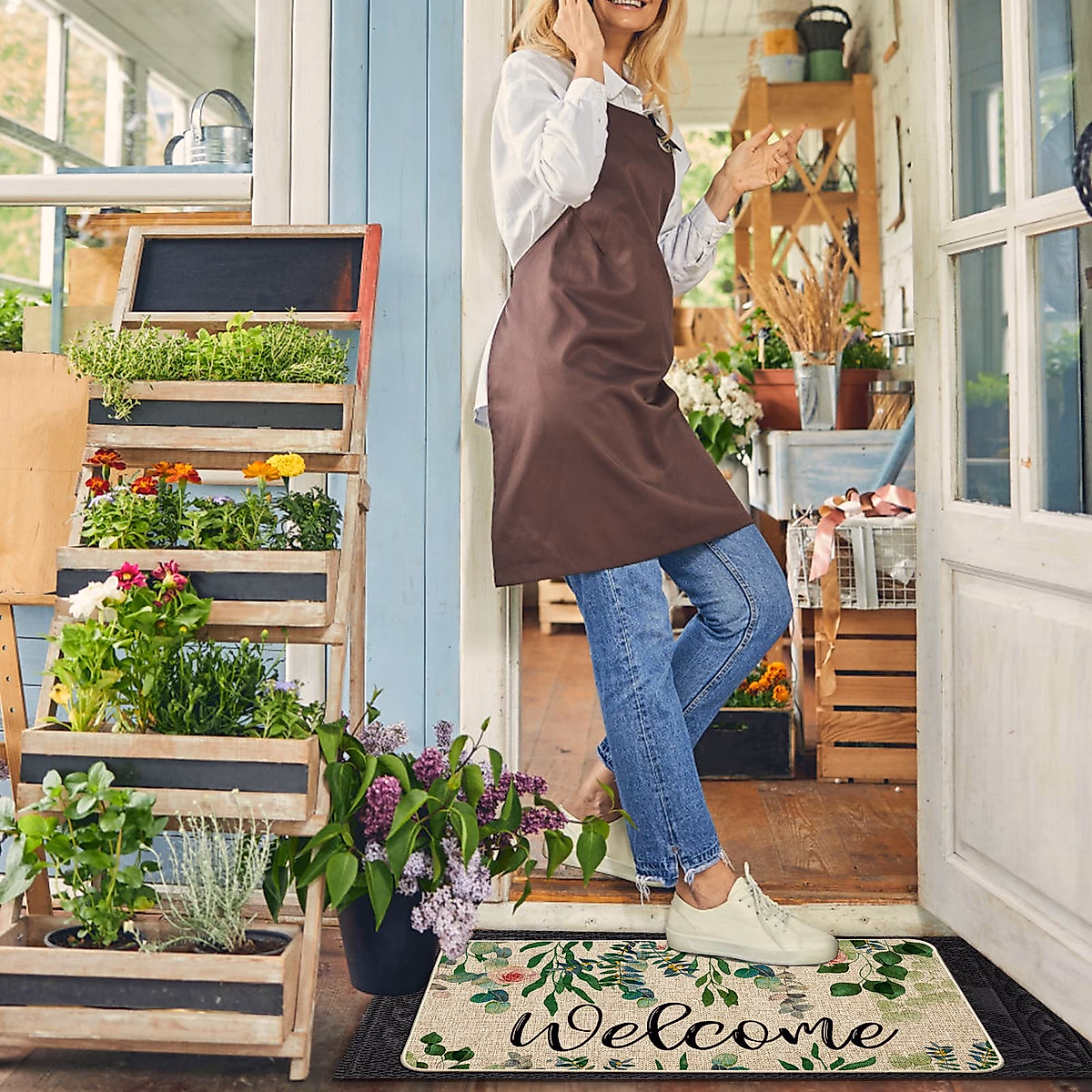 ORTIGIA Welcome Doormat Spring Summer Eucalyptus Leaves Floral Doormat Outdoor Outside Indoor Entrance Mat Non-Slip Durable Absorbent Easy Clean Entryway 17x29.5 Inch
