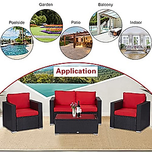 Peach Tree 4 PC Patio Furniture Sets PE Rattan Wicker Sofa Sectional Conversation Set with Washable Cushion and Coffee Table Deck Couch Set for Garden Outdoor(Red)