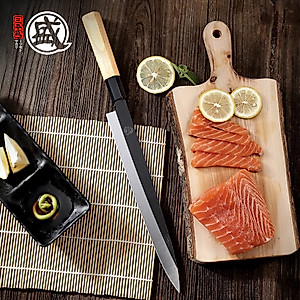 MITSUMOTO SAKARI 10-inch Japanese Sashimi Knife, Professional Hand Forged Japanese Sushi Knife, Tungsten Alloy Kitchen Chef Knife (Fraxinus Mandshurica Handle)