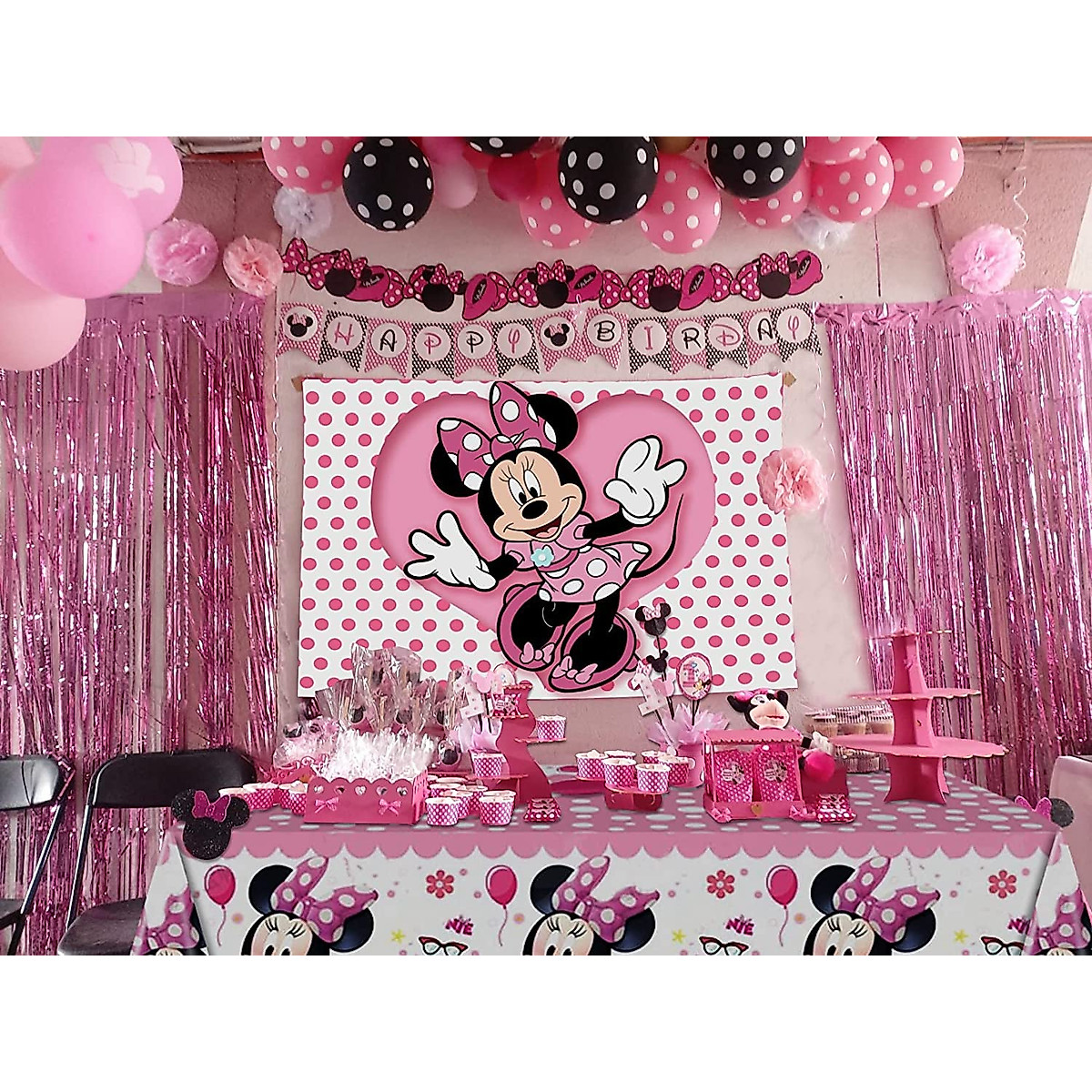 Pink Mouse Backdrop and Mouse Tablecloth for Girls Birthday Party Decorations Mouse Birthday Party Photography Background Banner with Table Covers for Girls Baby Shower Party Supplies (6x4ft)