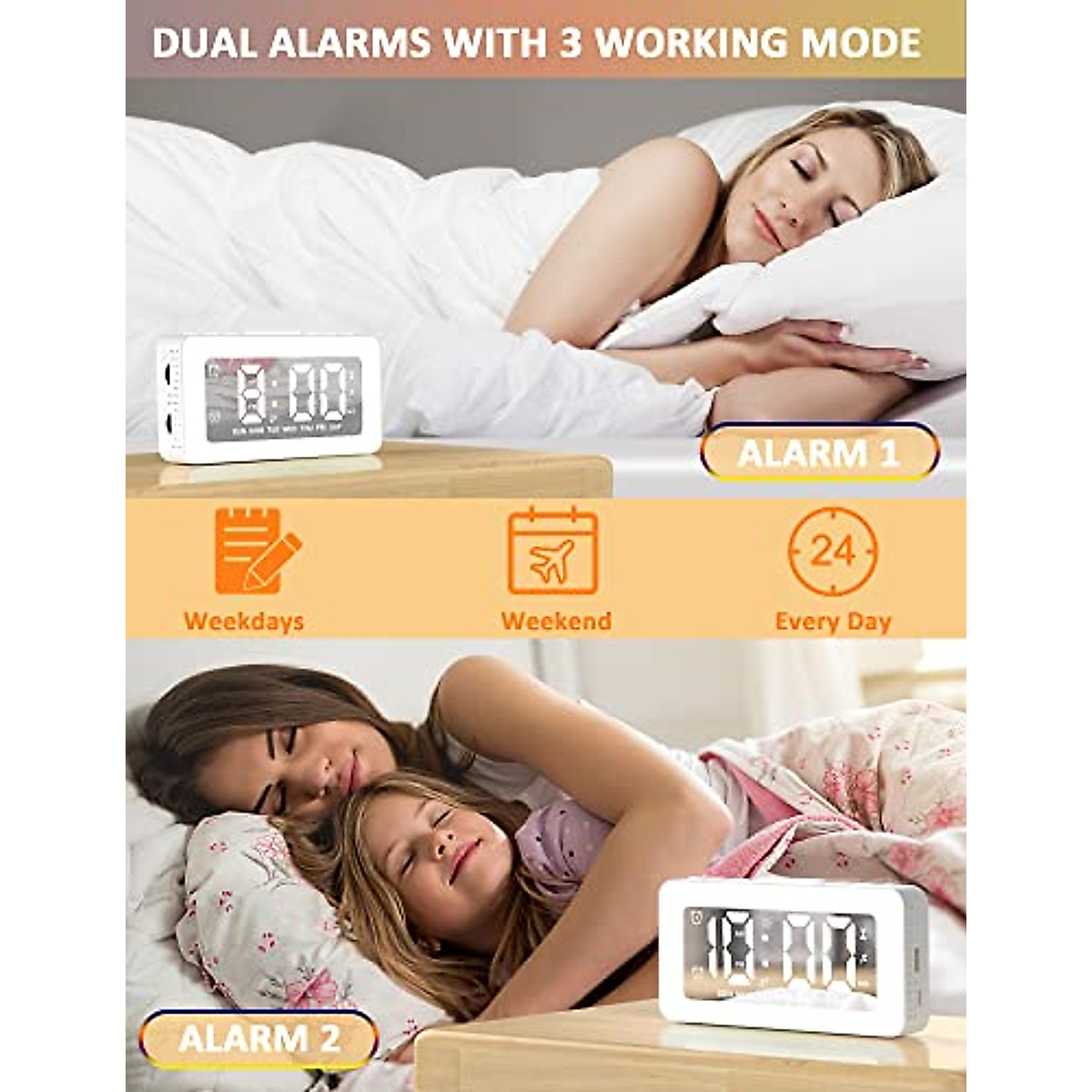 Umedo Alarm Clock for Bedrooms Dual Alarm Clocks 8 RGB Night Lights, 3 Mode Mirror Clock, USB Port, 8 White Noise, 7 Wake-Up Sounds, 16 Level Volume, 0%-100% Dimmable, Bedside Clock for Kids & Adult