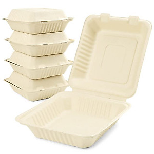 Pony Packaging 8X8 50-Pack 100% Compostable Clamshell Take Out Food Containers, Heavy-Duty Quality to go Containers, Natural Disposable Bagasse, Eco-Friendly Biodegradable Made of Sugar Cane Fibers