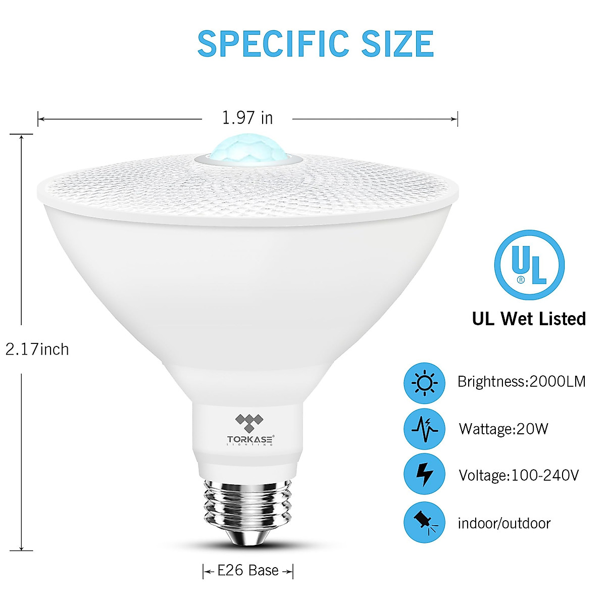 Torkase PAR38 Motion Sensor Flood Light Bulbs, Motion Activated Outdoor Lighting,200 Watt Equivalent(20W) 2000LM, 5000K Daylight,LED Flood Light for Backyard, Garage, Porch, Garden,2 Pack