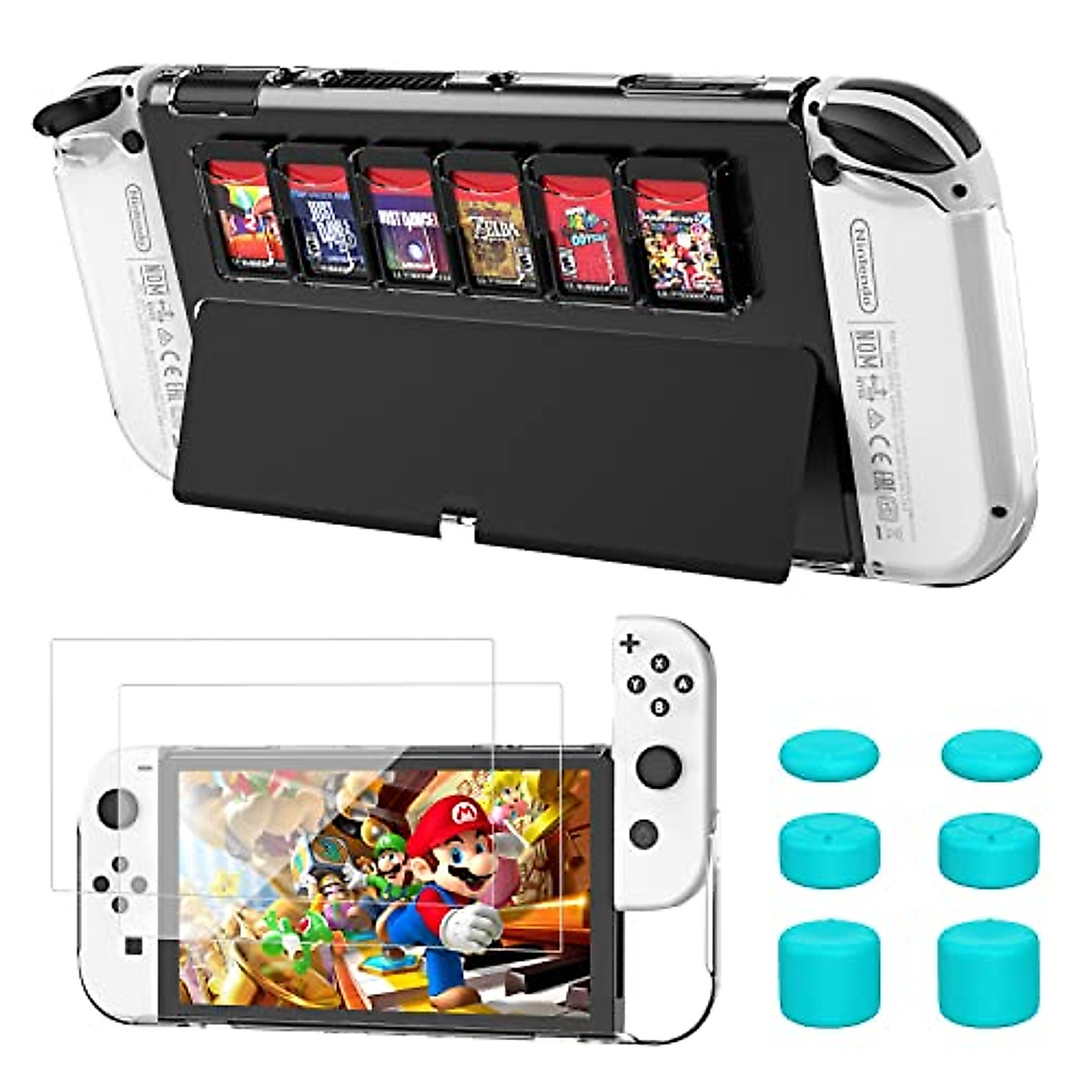 MoKo Case Compatible with Nintendo Switch OLED Model 2021, PC Protective Accessories Cover Case with 6 Game Card Slots and 6 Thumb Caps & 2 Tempered Glass Screen Protectors, Clear+Blue