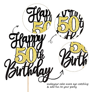 1 PCS Happy 50th Birthday Cake Topper Black Gold Glitter Cheers to 50 Years Birthday Cake Pick 50 Fabulous Cake Decoration for Happy 50th Birthday Anniversary Party Cake Decorations Supplies
