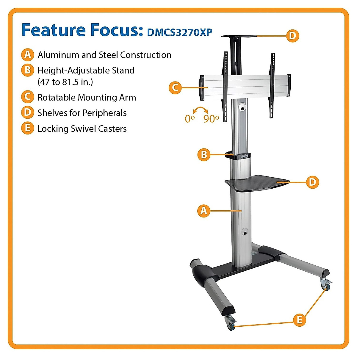 Tripp Lite Mobile TV Monitor Flat-Panel Floor Stand Cart Height-Adjustable LCD 32-70" Display (DMCS3270XP),Black