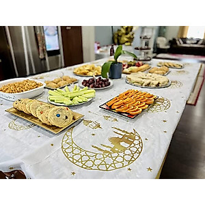 Oojami 3pk Ramadan Eid Mubarak Table Cover Includes 1 Crescent and Star Banner, Ideal for Ramadan and Eid (White)
