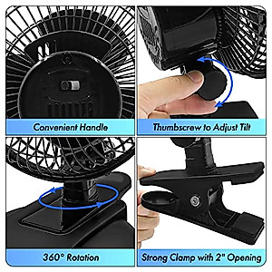 Comfort Zone CZ6XMBK 6” 2-Speed Combo Clip or Desk Fan with Removable Base, Strong Clamp for Firm Grip, Suitable for Bedroom, Office, or Dorm Room, Black