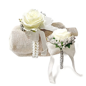 SUNEE - 2 Pcs Wedding Corsage and boutonniere White Roses Pearl Wedding Prom Wristlet Band Bracelet for Women Bride Bridesmaid