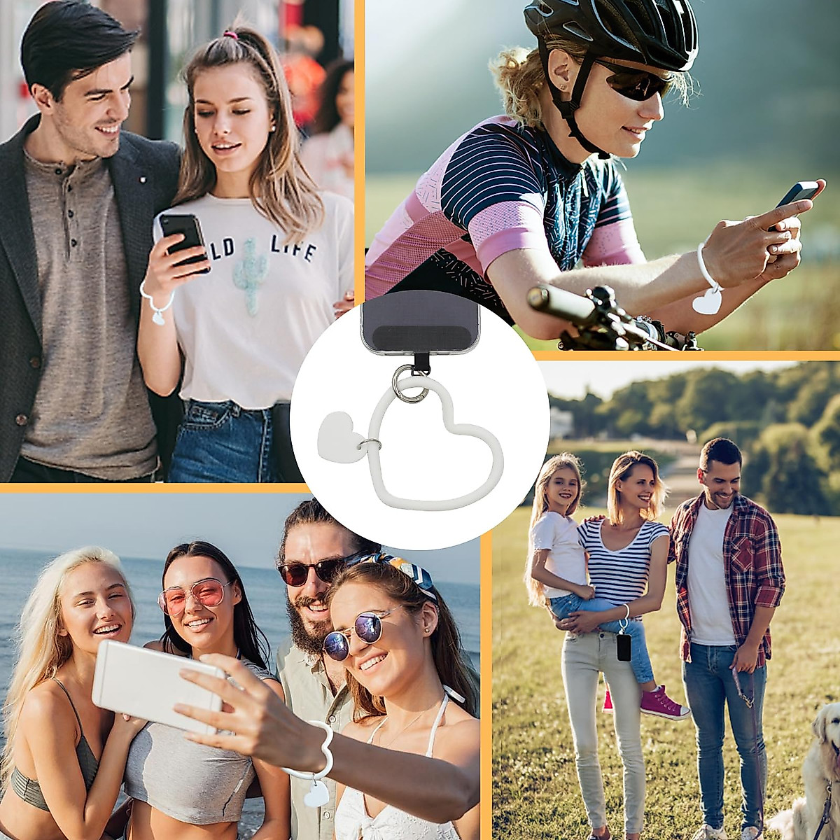 Luckyvestir Silicone Phone Lanyard, Heart Cell Phone Hand Wrist Strap with 2 Universal Tether Tab Smartphone Key Chain Wristlet Bracelet (White)