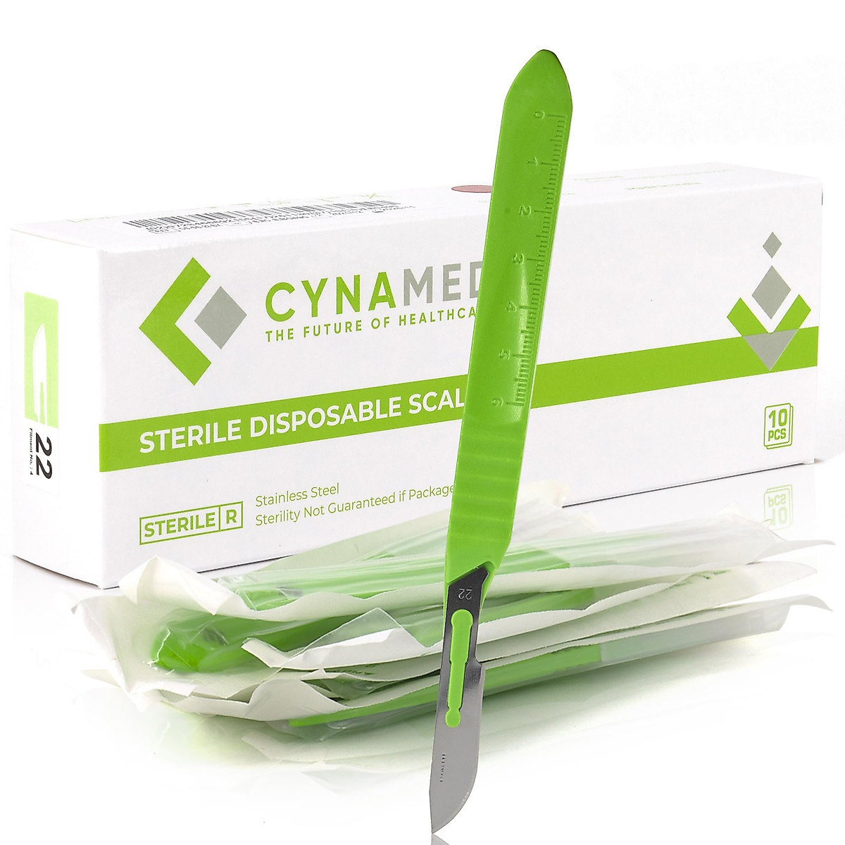 CYNAMED # 22 Disposable Scalpel with Plastic Handle - Sterile Single Blade Razor for Dermaplaning, Dissection, Podiatry, Professional Grooming, Acne Removal - Surgical Stainless Steel Tool - Box of 10