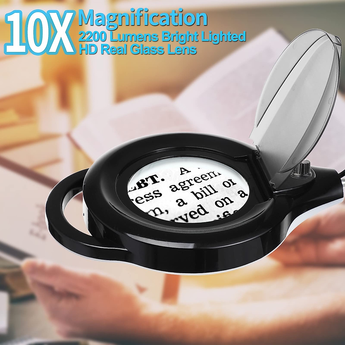 10X Magnifying Lamp with Clamp, KIRKAS 2200 LM Super Bright and Stepless Dimming Magnifying Glass with Light, Real Glass Lens Lighted Magnifier Light for Close Work, Crafts, Reading, Repair - Black