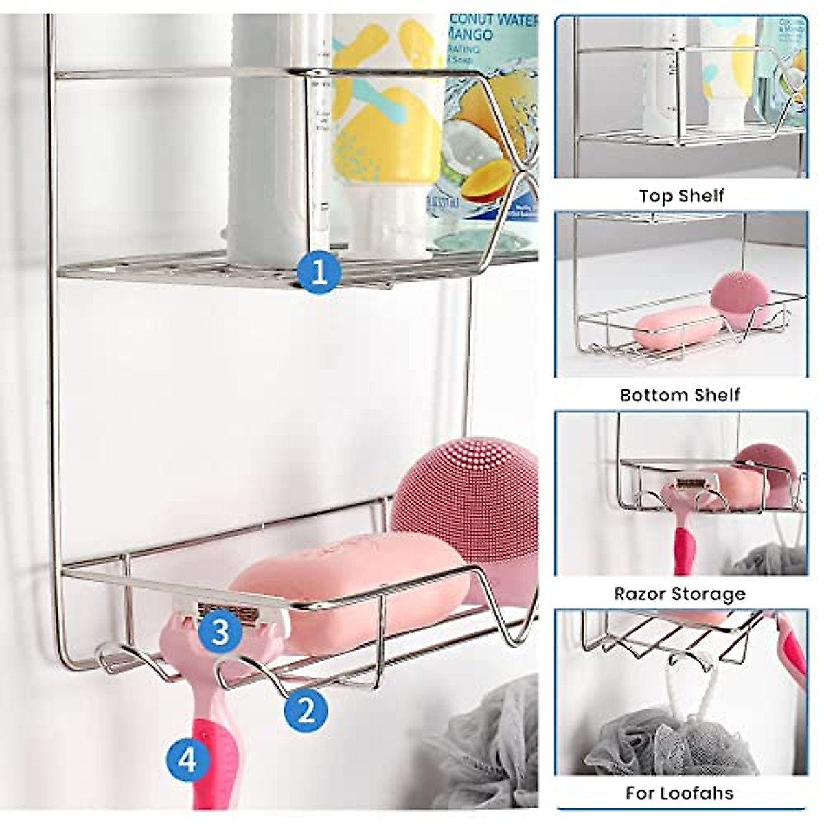 TreeLen Hanging Shower Caddy over Shower Head Bathroom Shower Organizer Rustproof with 4 Hooks for Razor Small Shampoo Racks for Shower Storage Shelf Holder-Chrome-Stainless Steel