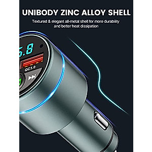 FM Transmitter for Car Bluetooth 5.3, RIWUSI [All-Metal] PD 20W & QC3.0 18W Fast Car Charger, Wireless FM Radio Car Kit Bluetooth Car Adapter, Noise Cancelling Hands-Free Call, Hi-Fi Music, Blue Light