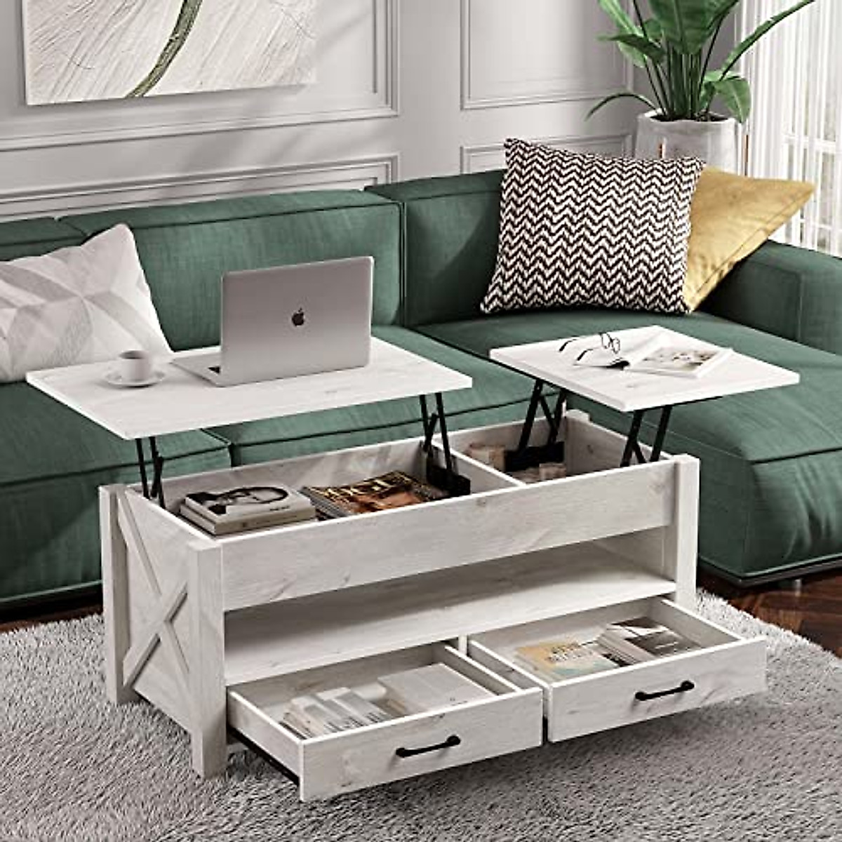 Seventable Coffee Table, 47.2" Lift Top Coffee Table with 2 Storage Drawers and Hidden Compartment, X Wood Farmhouse Support, Retro Center Table with Wooden Lift Tabletop, for Living Room,Gray