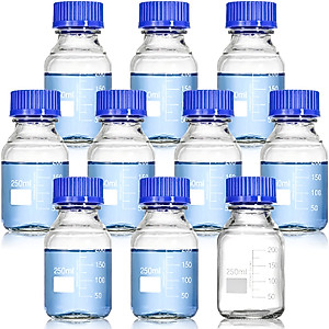 Yopay 10 Pack Media Storage Bottles with GL45 Blue Screw Cap, 250ml Reusable Glass Bottle, Round Scientific Glass Container for Labs, Classrooms or Home Use