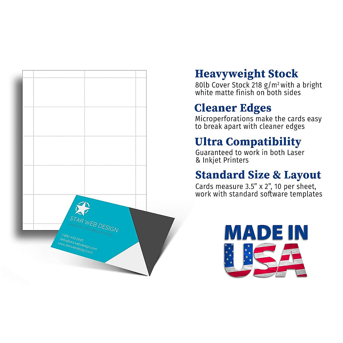 Heavyweight White Blank Business Card Paper - 20 Sheets / 200 Business Cards - 80lb Cover / 218 gsm - Inkjet & Laser Printer Compatible - Standard 3.5 x 2 Inches