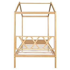 Harper & Bright Designs Twin Size House Bed for Kids, Twin Bed Frame with Headboard and Storage Space, Wooden Twin Bed for Girls, Boys,No Box Spring Needed,Natural