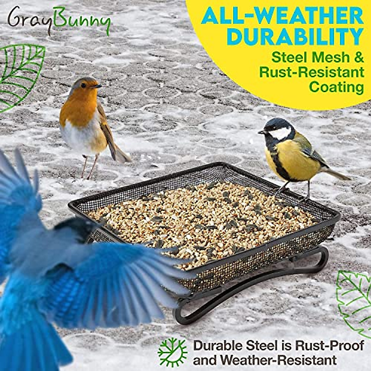 Gray Bunny Ground Bird Feeder Tray, Metal Platform Bird Feeder Dish Size 7 X 7 Inches, Durable Rust Resistant Feeder for Wild Birds, Squirrels, Doves, Cardinals, Gifts for Mom, Gifts for Dad