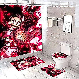 daweitianlong 4 Piece Anime Shower Curtain Set with Non-Slip Rug, Thickened Toilet Lid Cover and Bath Mat,Waterproof Anime Shower Curtain Sets for Bathroom With12 Hooks 59x71 inch, 14