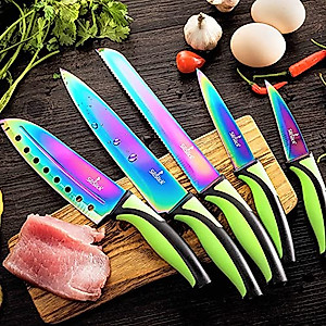 SiliSlick Kitchen Knife Set, Titanium Coated Stainless Steel Colorful Blades, Chef, Bread, Santoku Utility & Paring Knives, Magnetic Mounting Rack & Portable Sharpener