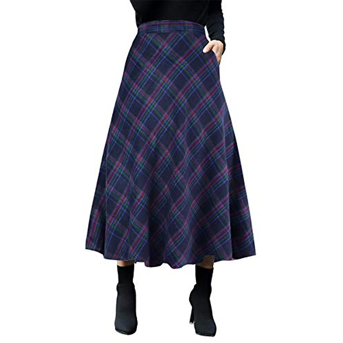 IDEALSANXUN Women’s Elastic High Waist Woolen Swing Skirt Thicken Winter Warm Plaid Aline Retro Long Skirts (Medium, Navy)