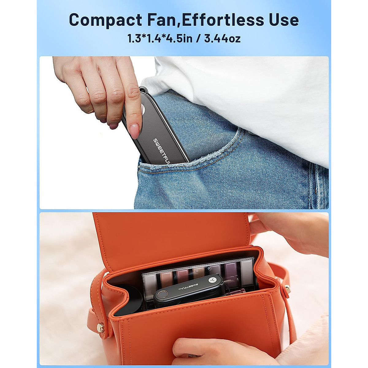 SWEETFULL Portable Handheld Mini Fan with LED Display, 2-in-1 Personal Foldable USB Rechargeable Hand Held Fan & Flashlight for Travel, Lash Eyelash, Cute Small Pocket Fan for Women, Girls