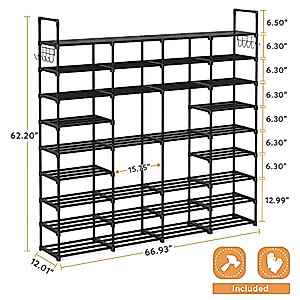 Tribesigns Large Shoe Rack Organizer Closet for Entryway Bedroom Hallway, 9 Tier 72 Pair Heavy Duty Shoes Shelf Storage with Side Metal Hook, Black