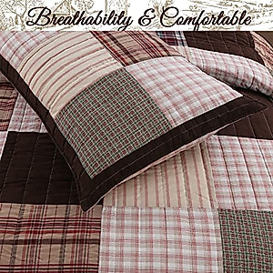 Cozy Line Home Fashions Brody Farmhouse Chocolate Plaid Striped Real Patchwork Reversible Quilt Bedding Set, Coverlet Bedspread (Brown Grid, King - 3 Piece)