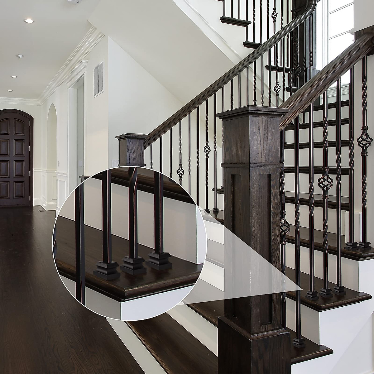 Iron Baluster Shoes Stair Flat Shoe with Screw for 1/2 Inch Square Scroll Basket Twist Knuckle Staircase Balusters Metal Spindle Railing, Satin Black (96 Pcs)