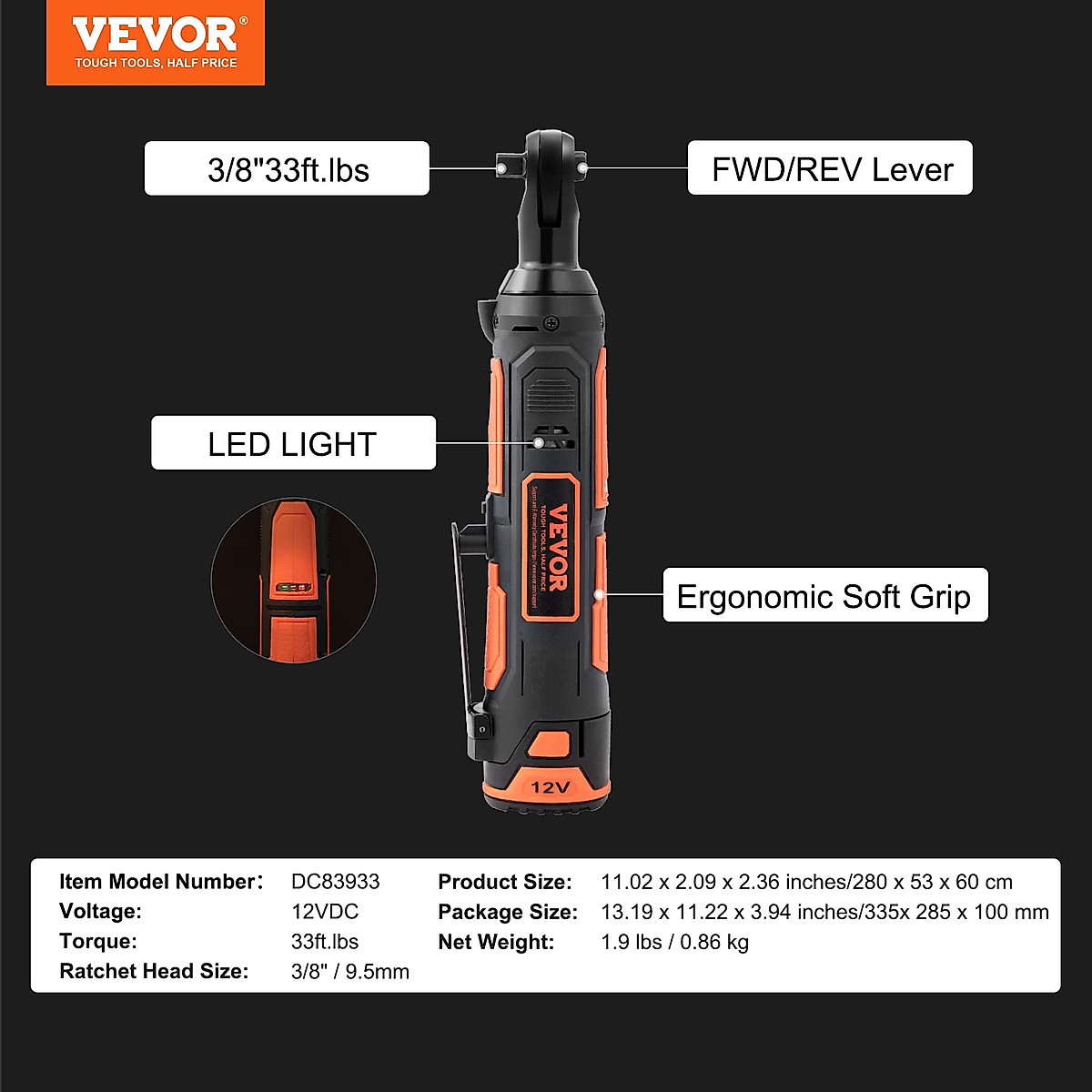 VEVOR 3/8" Cordless Electric Ratchet Wrench Set, 33 Ft-lbs 12V Power Ratchet Tool Kit with 45-Min Fast Charge, 2-Pack 2.0Ah Battery, Built-in LED Light, Variable Speed Trigger, 10 Sockets