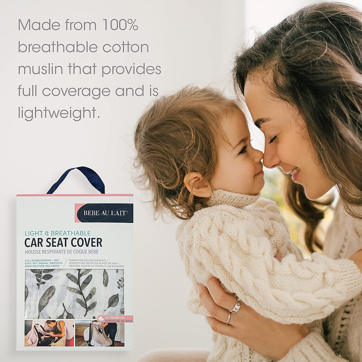 Bebe au Lait Classic Muslin Car Seat Cover -Perfect Baby Car Seat Covers for Babies, Car Seat Canopy, Unisex Baby Car Seat Cover- Easy Snap Straps, Fully Zippered Opening, Breathable- Leaves