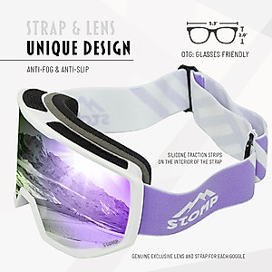 STOMP Ski/Snowboarding Goggles 100% UV400 Protection Replaceable Lens/Straps Goggle for Men, Women & Youth (White Frame/Purple Lens VLT 12%)