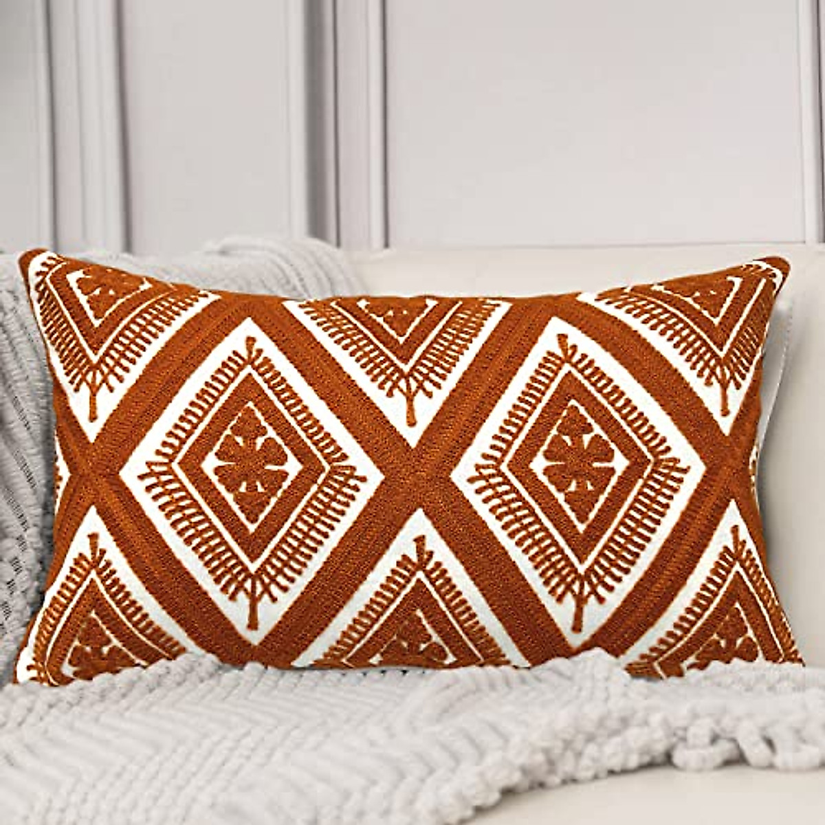Alysheer Embroidered Lumbar Decorative Throw Pillow Cover 12"x 20", Classic Boho Geometric Embroidery Pattern Cotton Rectangular Cushion Case for Sofa Couch Living Room Bedroom(Burnt Orange)