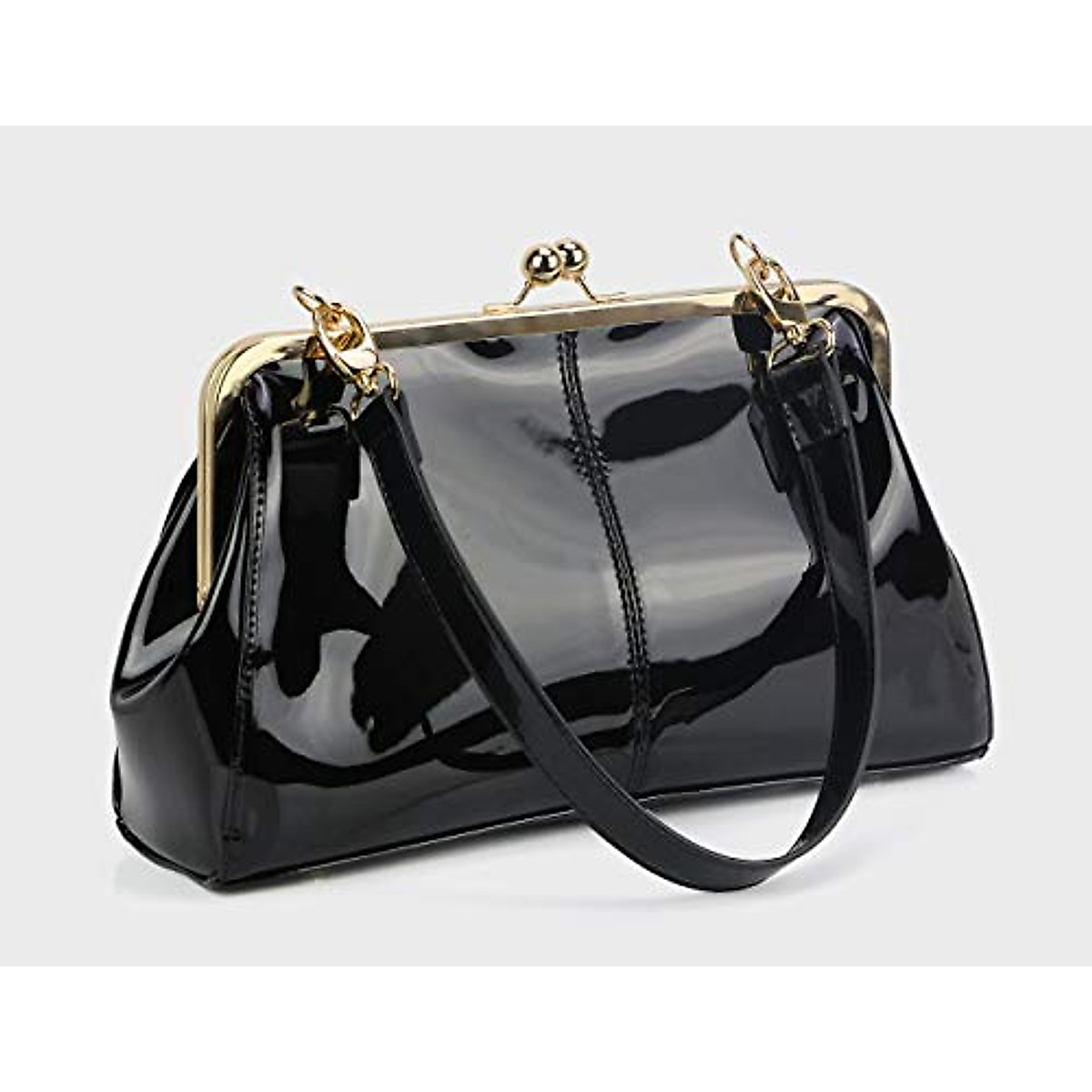 Vintage Kiss Lock Handbags Shiny Patent Leather Evening Shoulder Tote Bags with Chain Strap (Black)