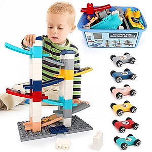 Aomola Car Ramp Toy with Classic Big Building Blocks,Creative DIY Building Bricks Compatible with All Major Brands,Car Ramp Racer for Toddlers with 6 Mini Cars,Storage Box & Base Plate