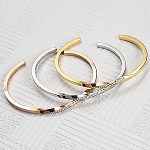 Dorriss Cuff Bracelet for Women Thin Open Silver Adjustable Oval Clear Crystal Bracelets Plain Polished Finish Bangle for Girlfriend Wife Mom Jewelry