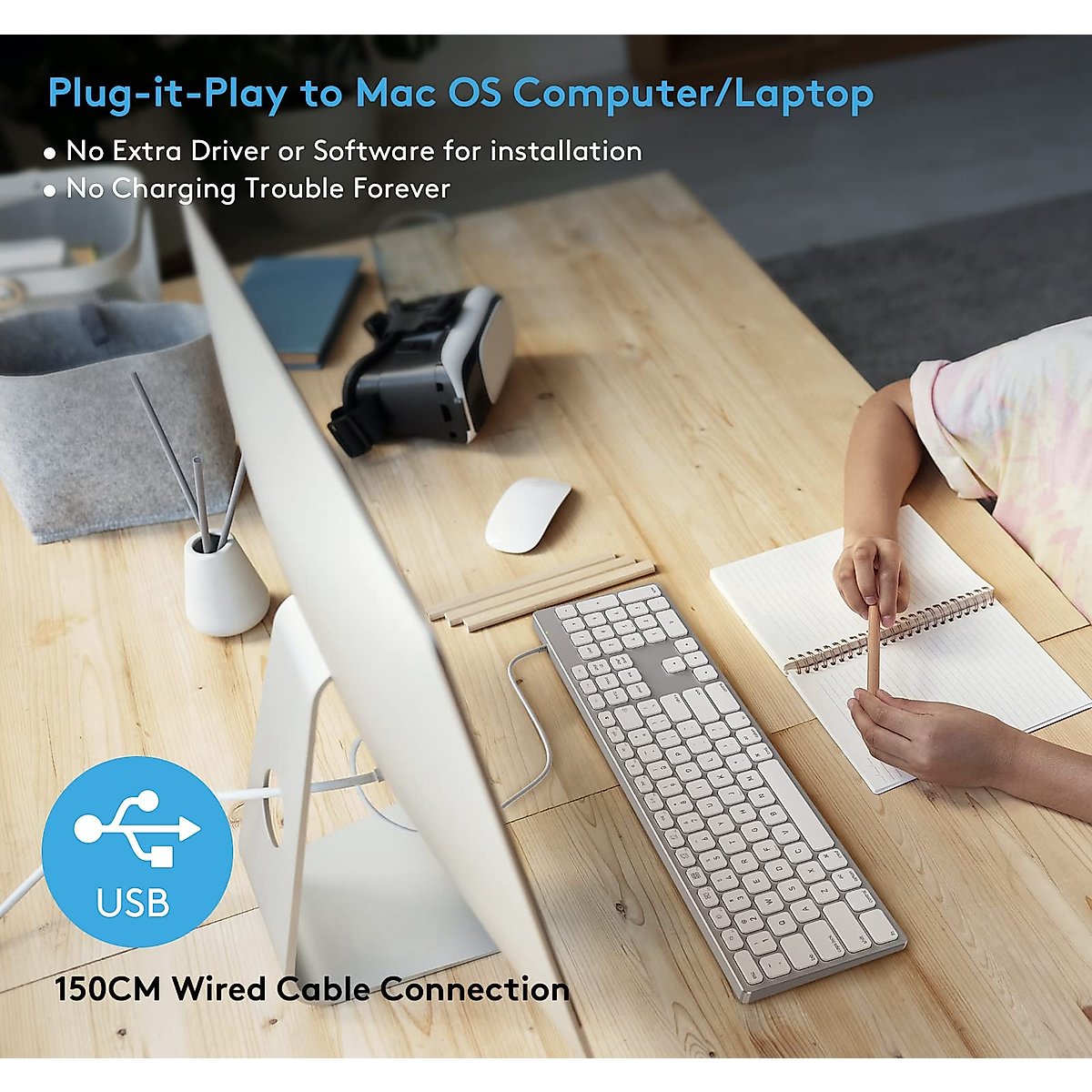 All-Aluminum Wired Keyboard for Apple Mac OS,Plug-n-Play Cable Connection in USB-A+C Port,Full Size USB Keyboard with Numeric Keypad for iMac/Mac Mini or MacBook Pro/Air Laptop