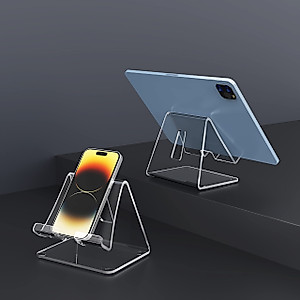 JINSHVEG Acrylic Desk Tablet Stand, Clear Tablet Holder, Desktop iPad Stand, Compatible with Tablet Such As iPad Air Mini Pro, Phone 13 Pro 12 Mini 11 XS Max XR X 6 7 8 Plus (4-13 inch)
