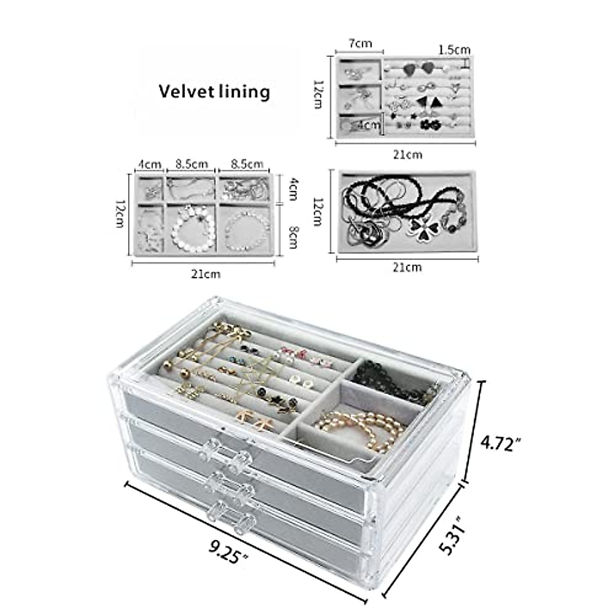Acrylic Jewelry Organizer Box, Velvet Jewellry Clear Display Case, 3 Drawers Stackable Ring Earring Necklace Bracelet Display Storage for Women Girls Kids Gift