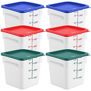 Ziliny 6 Pieces 4 Quart Commercial Food Storage Containers with Lid Translucent Container with 3 Color Lids for Freezer Flour Sugar Baking Bread Restaurant, Square